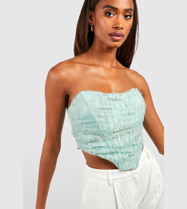 Buy Boohoo Lace Ruched Pointed Corset Top In Green | 6thStreet Saudi Arabia