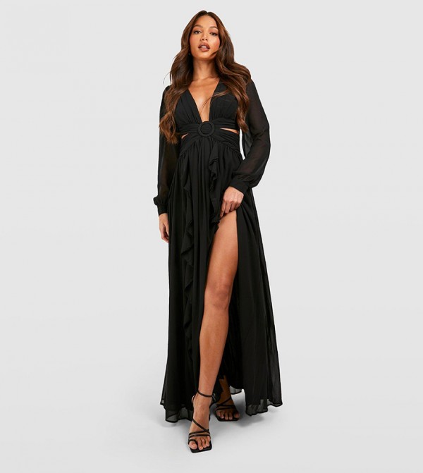 Buy Boohoo Tall Cut Out Ruffle Maxi Dress In Black 6thstreet Kuwait