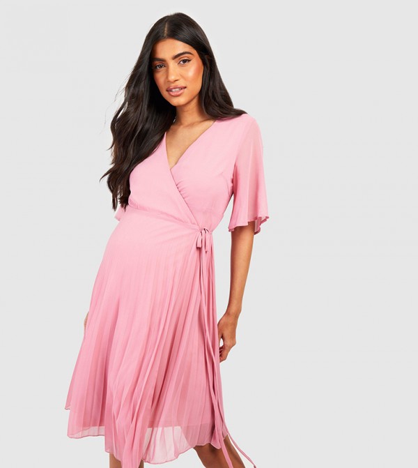 Buy Boohoo Maternity Pleated Wrap Midi Skater Dress In Blush