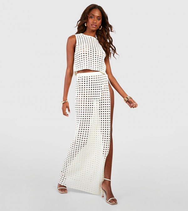 Buy Boohoo Thigh Split Crochet Maxi Skirt In Ecru 6thstreet Saudi Arabia