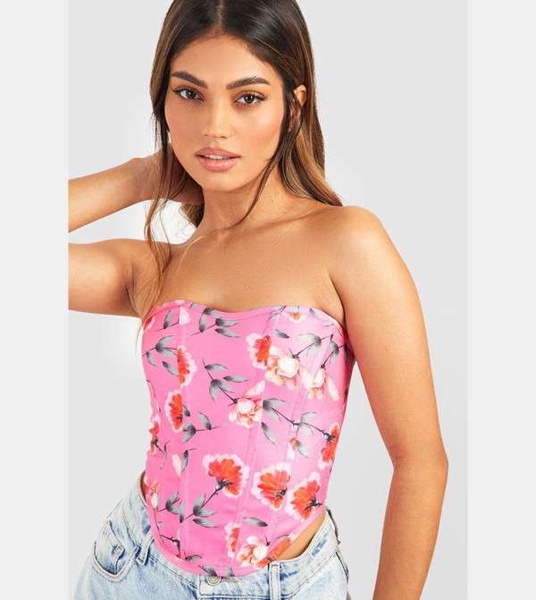 Buy Boohoo Bengaline Floral Printed Corset Top In Pink | 6thStreet Kuwait