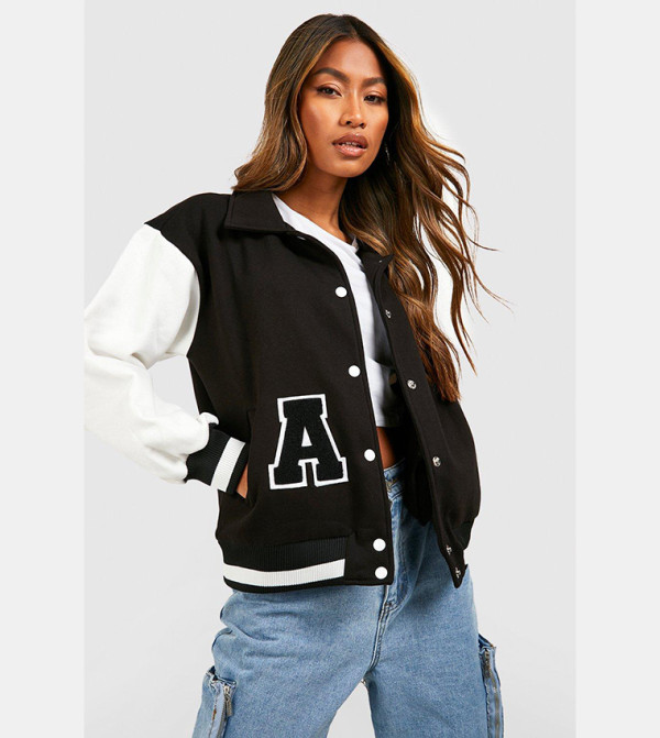 Buy Boohoo Collared Varsity Bomber Jacket In Black | 6thStreet UAE