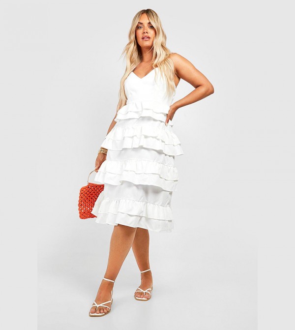 Buy Boohoo Ruffle Detail Strappy Midi Dress In White | 6thStreet Bahrain
