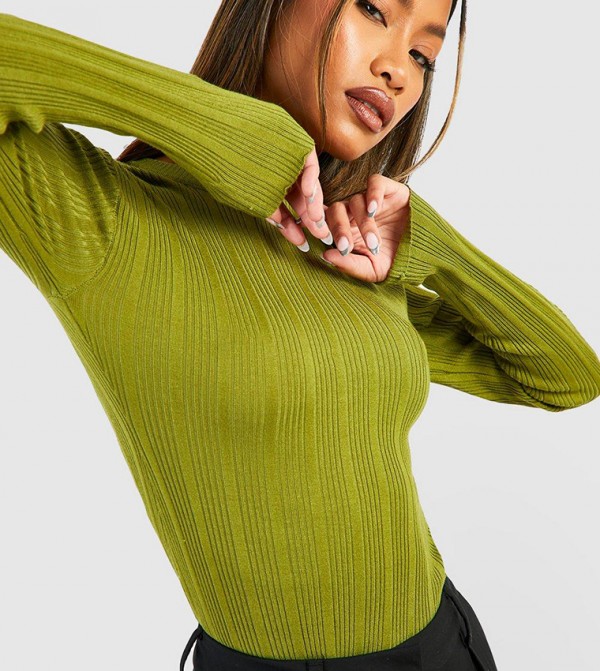 Buy Boohoo Mixed Rib Knitted Top In Green | 6thStreet Bahrain