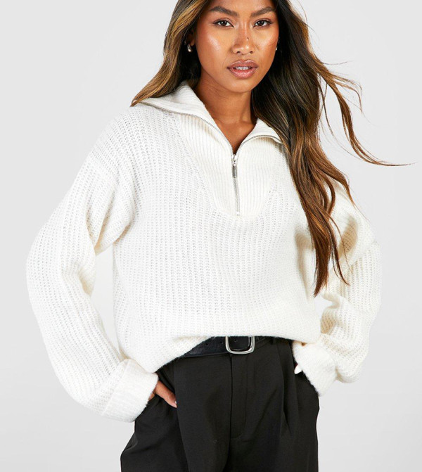 Buy Boohoo Chunky Soft Knit Half Zip Jumper In White | 6thStreet UAE