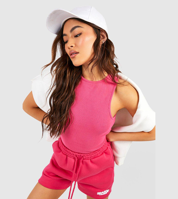 Buy Boohoo Racer Ribbed Bodysuit Top In Hot Pink | 6thStreet UAE
