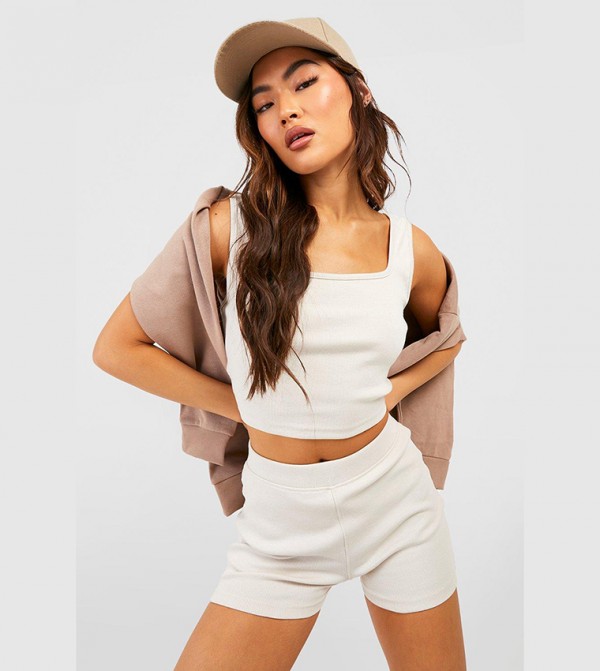 Buy Boohoo Ribbed Crop Top And Short Set In STONE | 6thStreet Qatar