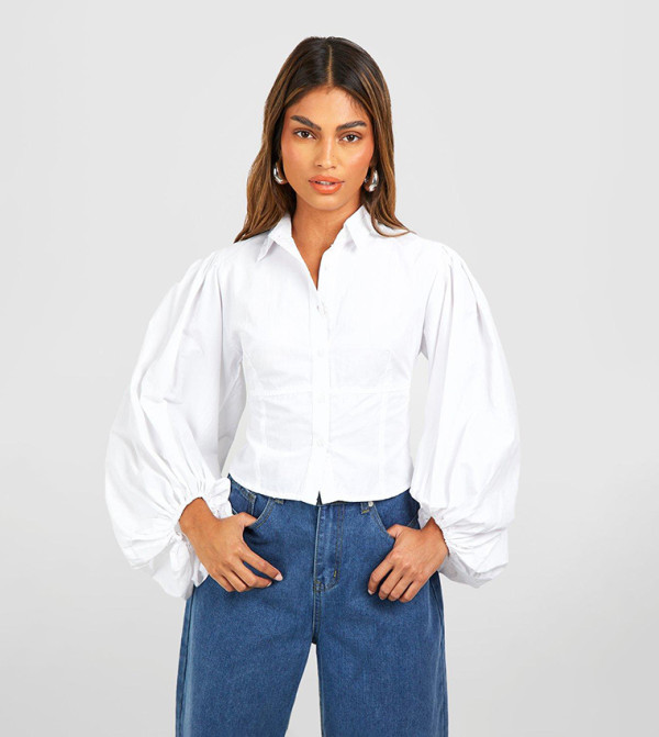 Buy Boohoo Blouson Sleeves Poplin Shirt In White | 6thStreet UAE