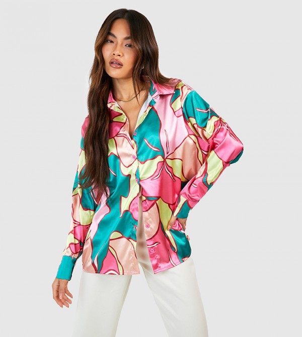 Buy Boohoo Abstract Oversized Satin Shirt In Multiple Colors ...