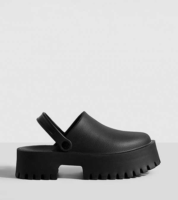 Buy Boohoo Chunky Cleated Sole Platform Slingback Clogs In Black ...