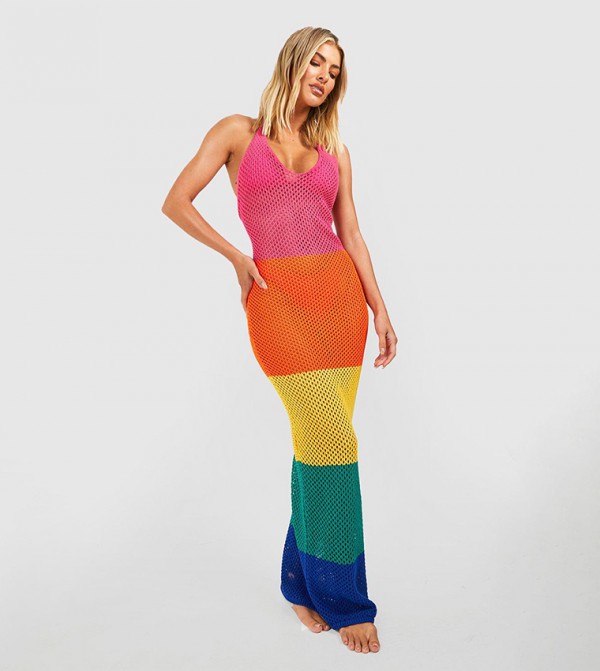 Buy Boohoo Color Block Stripe Crochet Beach Maxi Dress In Pink ...