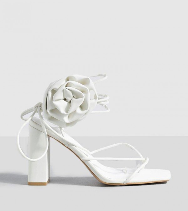 Buy Boohoo Wide Fit Removable Corsage Wrap Up Heels In White ...