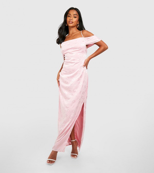 Buy Boohoo Floral Jacquard Cold Shoulder Satin Maxi Dress In Pink