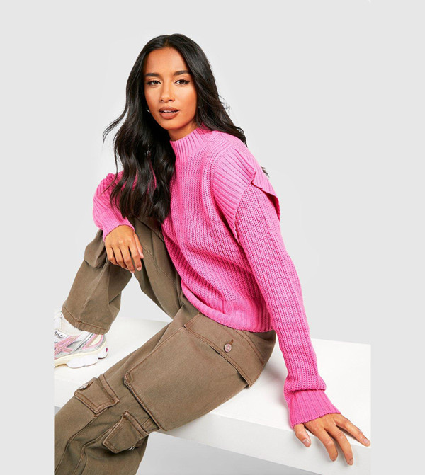 Buy Boohoo Cable Knit Shoulder Detail Sweater In Pink | 6thStreet Qatar