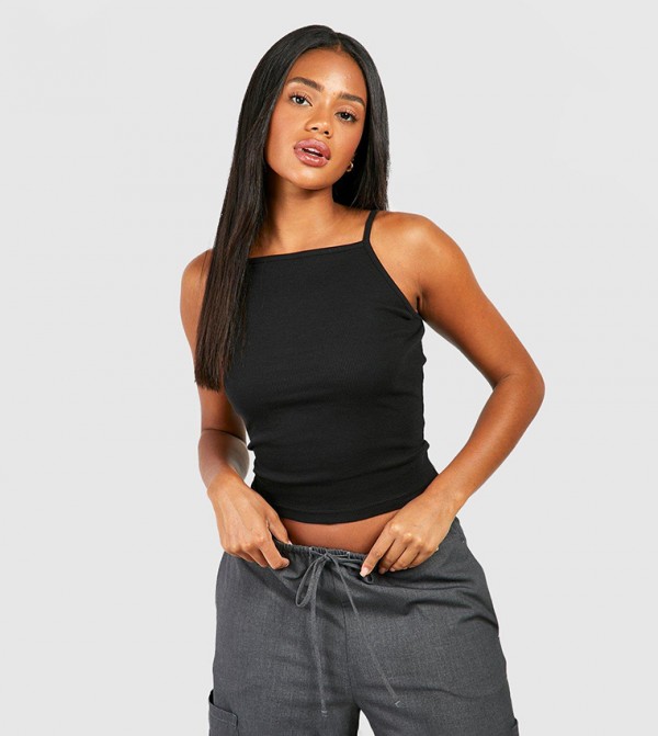 Buy Boohoo Basic Rib Strappy Vest In Black | 6thStreet Bahrain