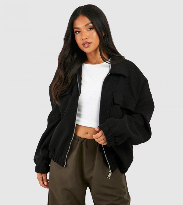 Buy Boohoo Wool Look Pocket Detail Oversized Bomber Jacket In Black ...