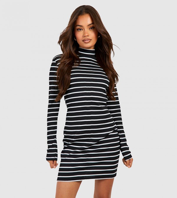 Buy Boohoo Stripe Rib High Neck Midaxi Dress In Black | 6thStreet UAE