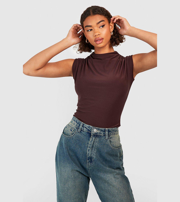 Buy Boohoo Tall Premium Soft Touch High Gathered Top In Brown ...