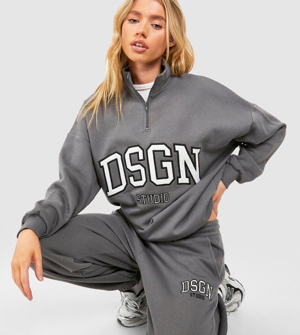 Buy Boohoo Dsgn Studio Applique Oversized Half Zip Sweatshirt In ...
