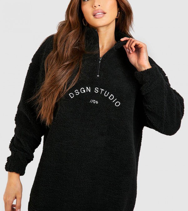 Buy Boohoo Tall Dsgn Studio Premium Borg Embroidered Half Zip Sweater ...