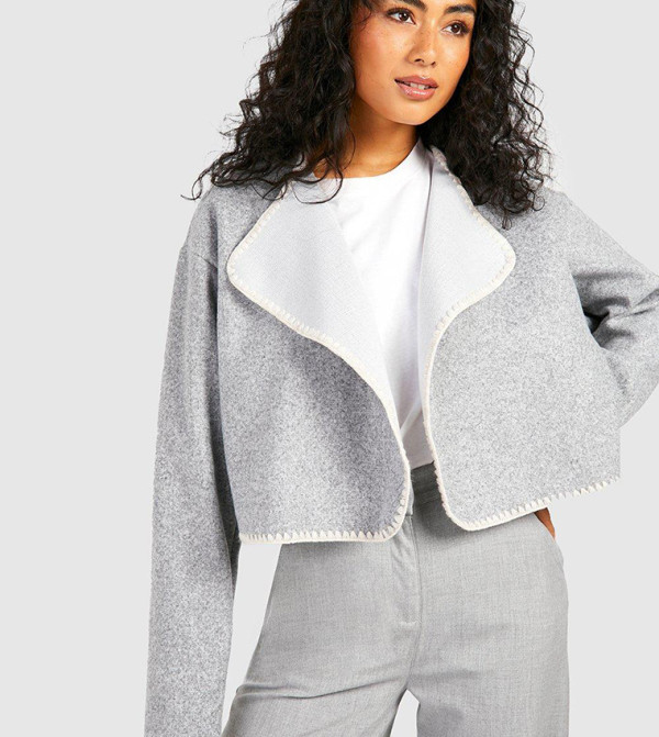 Buy Boohoo Waterfall Contrast Stitch Detail Wool Look Jacket In Grey ...