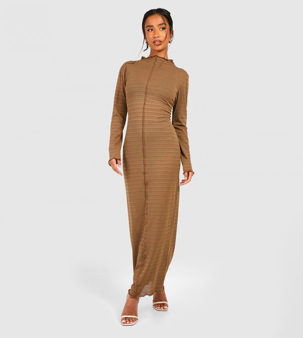 Buy Boohoo Semi Sheer Seam Detail Maxi Dress In Camel | 6thStreet Saudi ...