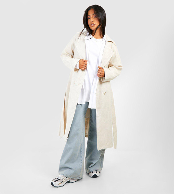 Buy Boohoo Outlet Petite Linen Look Belted Trench Coat In Beige ...