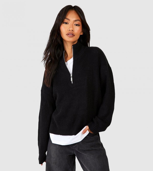Buy Boohoo Knitted Zip Neck Sweater In Black | 6thStreet Saudi Arabia