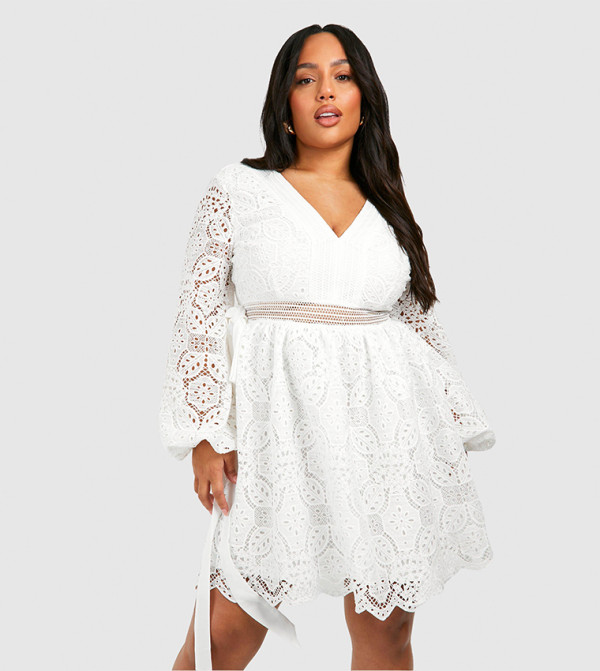 Buy Boohoo Curve Premium Lace Volume Sleeves Skater Dress In White ...