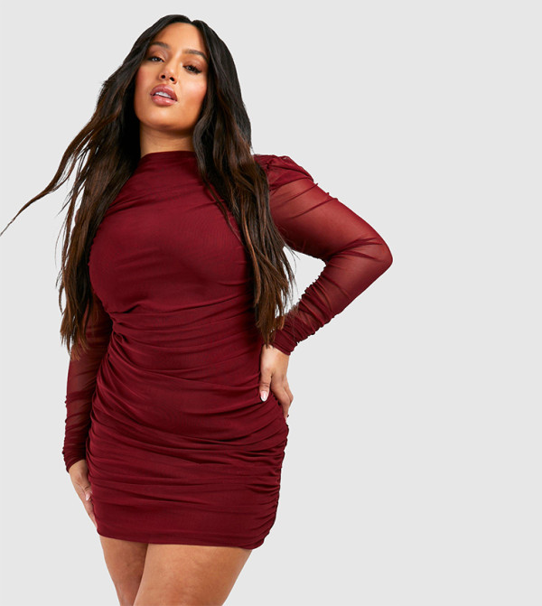 Buy Boohoo Curve Ruched Mesh Bodycon Dress In Red | 6thStreet Qatar