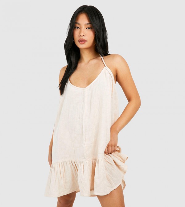 Buy Boohoo Petite Cheesecloth Mini Dress In Beige | 6thStreet UAE