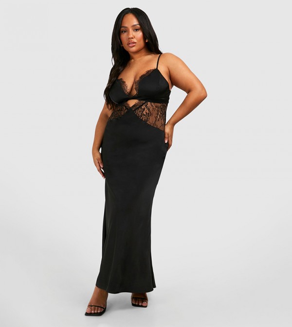 Buy Boohoo Satin Lace Detail Maxi Slip Dress In Black 6thstreet Qatar