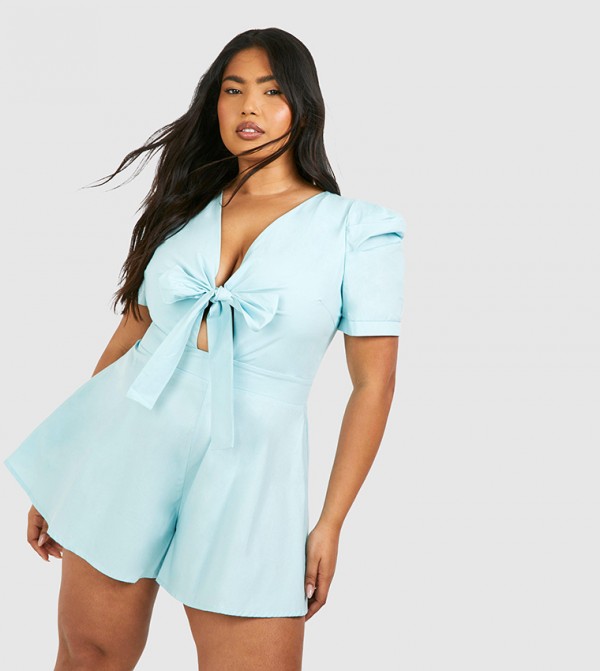 Buy Boohoo Curve Cotton Poplin Tie Front Playsuit In Blue | 6thStreet ...