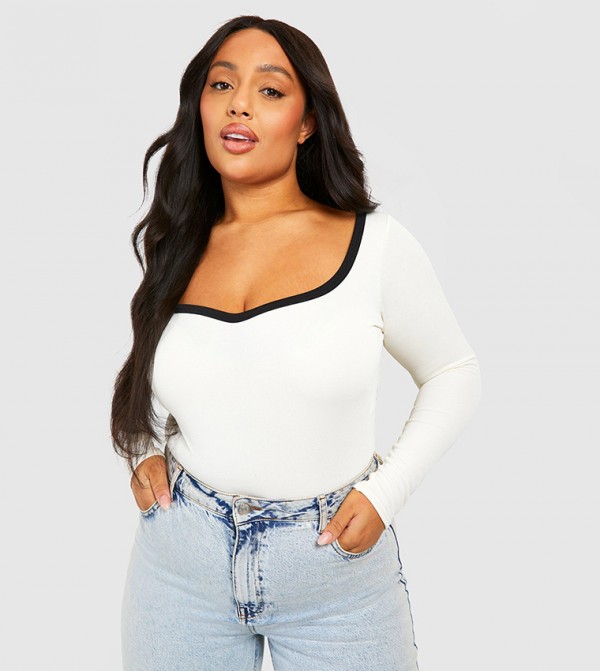 Buy Boohoo Curve Contrast Rib Notch Neck Bodysuit Top In Beige ...