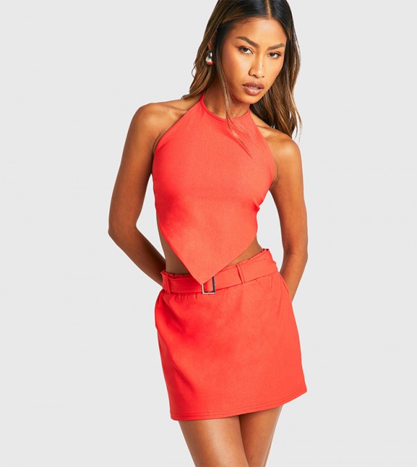 Buy Boohoo Halter Top & Belted Micro Mini Skirt Set In Red | 6thStreet ...