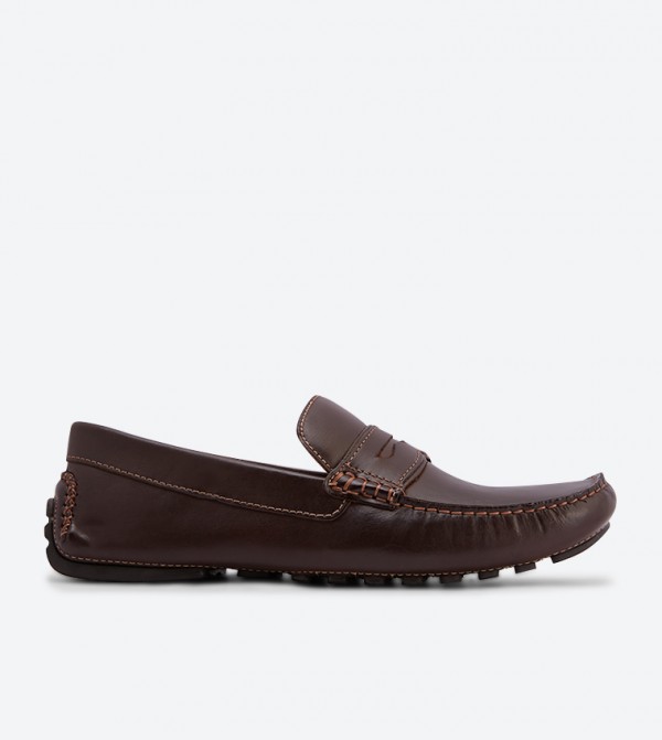 Buy Hush Puppies Lucas Penny Square Toe Stitch Details Loafers Brown In ...