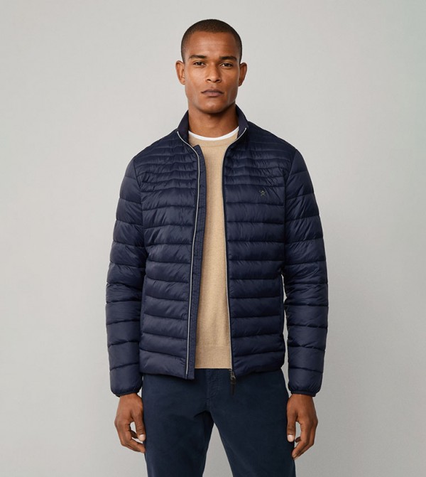 Buy Hackett Textured High Neck Ultra Lightweight Puffer Jacket In Navy ...
