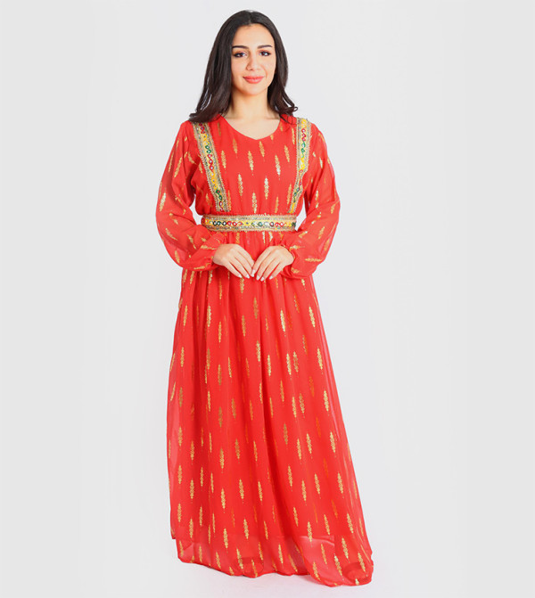 Buy IKKXA Foil Printed Belted Long Sleeves Jalabiya In Red | 6thStreet ...
