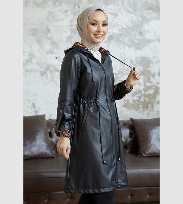 Buy INSTYLE Hooded Leather Long Jacket In Black | 6thStreet UAE