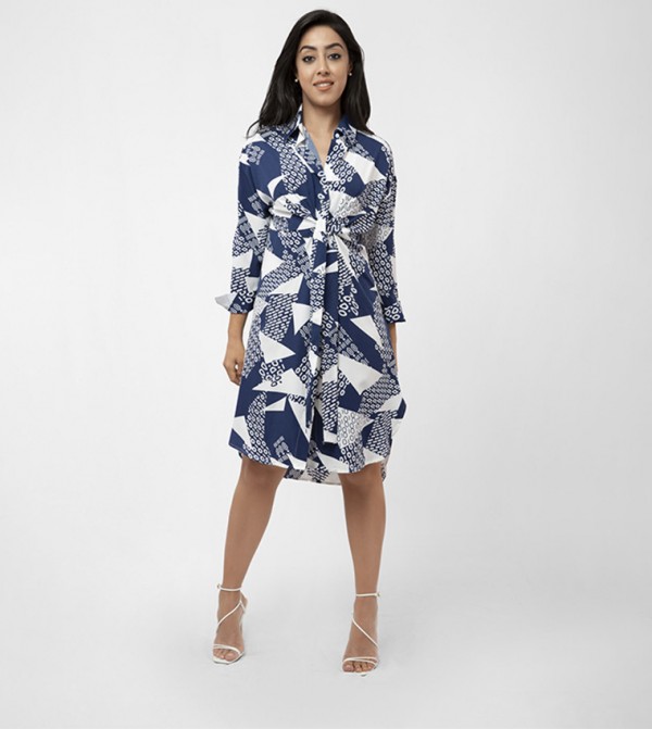 Buy CBEAUX Kaira Geometric Printed Button Down Shirt Dress In Blue ...