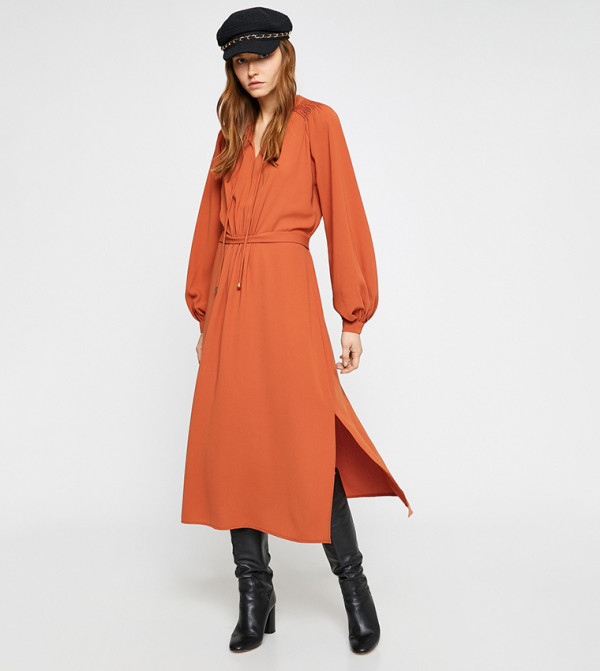 Buy Koton Solid Bishop Sleeves Midi Dress In Orange | 6thStreet UAE