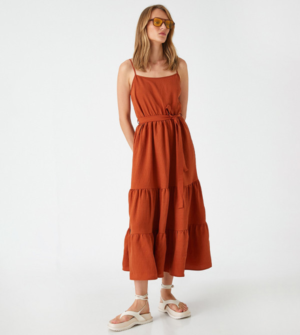Buy Koton Solid Strappy Tiered Dress In Brown | 6thStreet Qatar