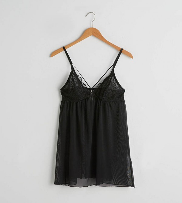 Buy LC Waikiki Lace Detailed Figured Neck Tulle Mini Nightie Black In ...