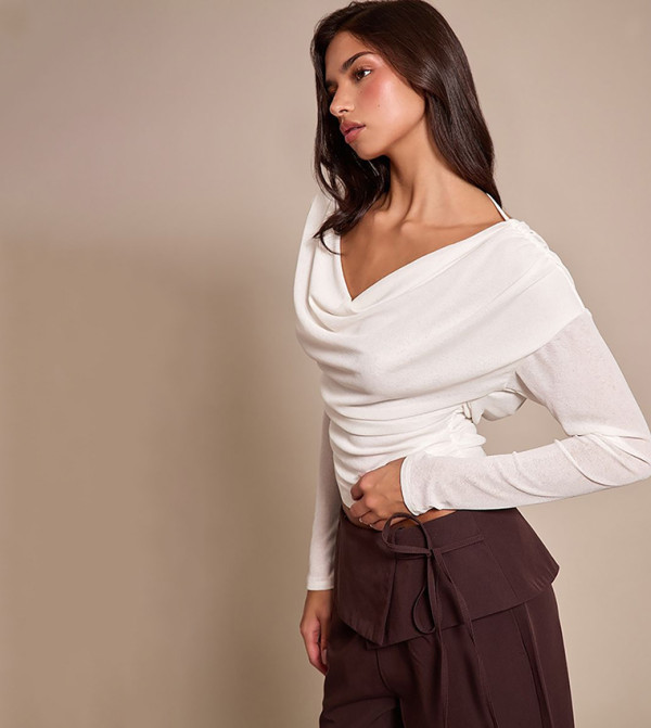 Buy PrettyLittleThing Burnout Mesh Cowl Neck Long Sleeves Top In Cream ...