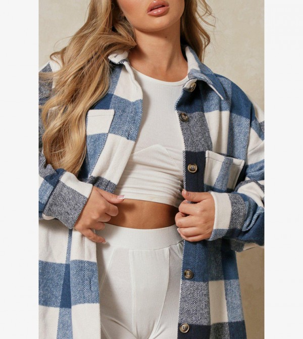 Buy MissPap Brushed Checked Shacket In Blue | 6thStreet Qatar