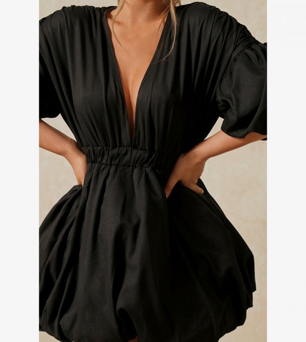 Buy MissPap Plunge Front Extreme Puff Sleeves Mini Dress In Black ...