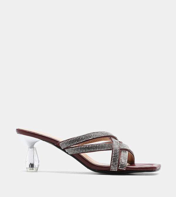 Buy HIS & HERS Embellished Spool Heel Sandals In Maroon | 6thStreet Qatar