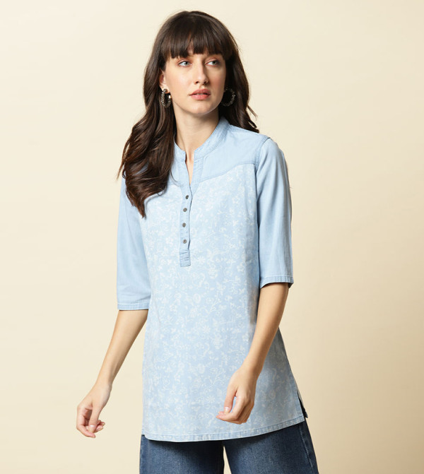 Buy HIS & HERS Notch Neck Denim Tunic In Light Blue | 6thStreet Qatar