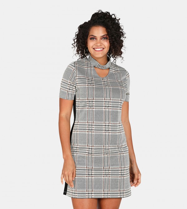 Buy HIS & HERS Plaid Check Casual Mini Dress In Grey | 6thStreet Qatar