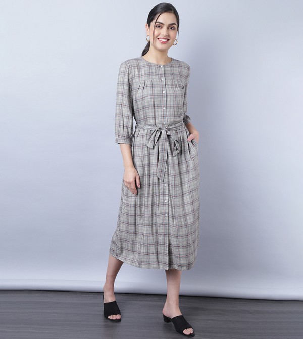 Buy HIS & HERS Plaid Check Midi Shirt Dress In Grey | 6thStreet Qatar